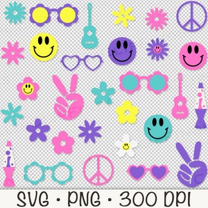 Retro Groovy Clipart, Hippie SVG, Hippie PNG, Flower Power, Happy Face ...