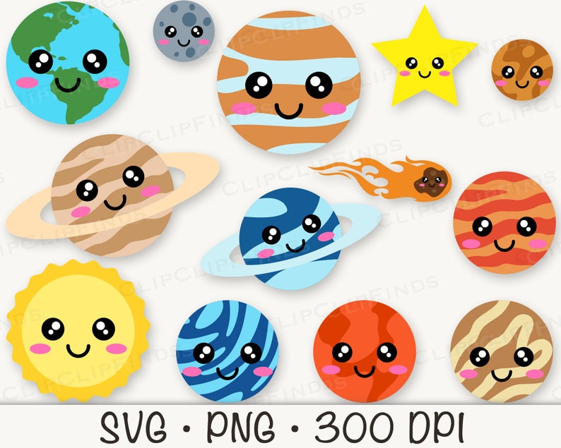 Kawaii Planets Cute Planets With Faces Galaxy Solar System - Etsy