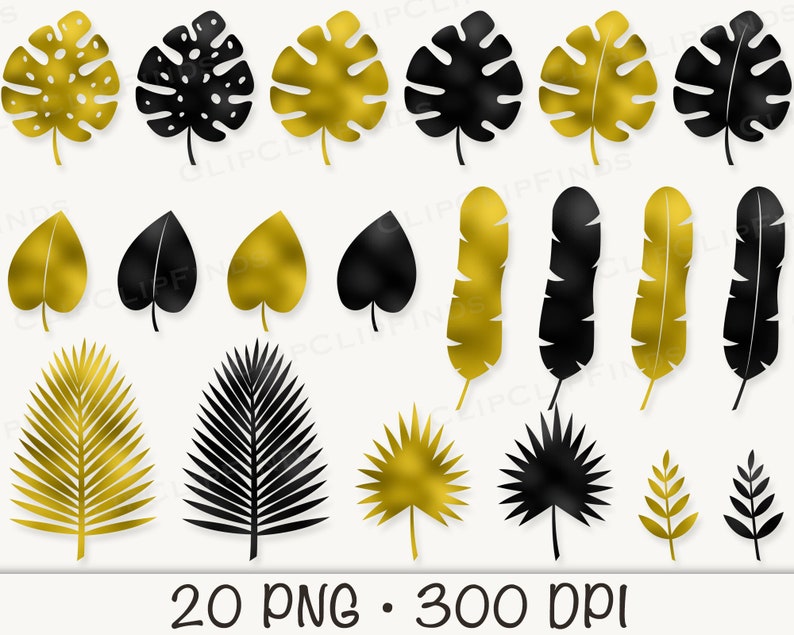 Tropical Leaves Clipart, Bright Gold and Black Gold Metallic Tropical ...