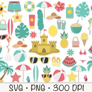 Cute Tropical Beach Clipart Art Bundle Pack, Beach SVG, Mint Green, Sun ...