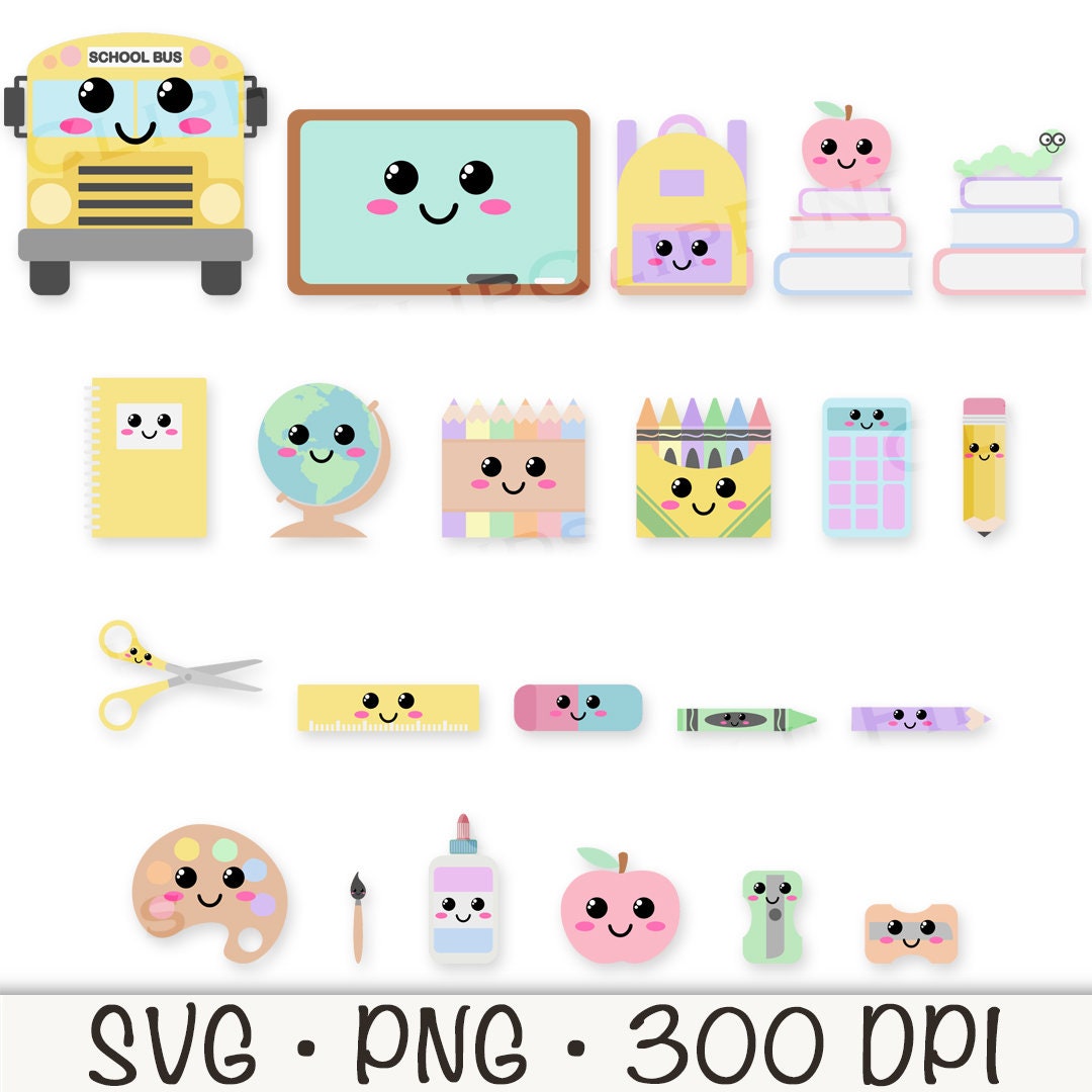Cute School Supplies Clipart, Pastel Kawaii School Classroom PNG ...
