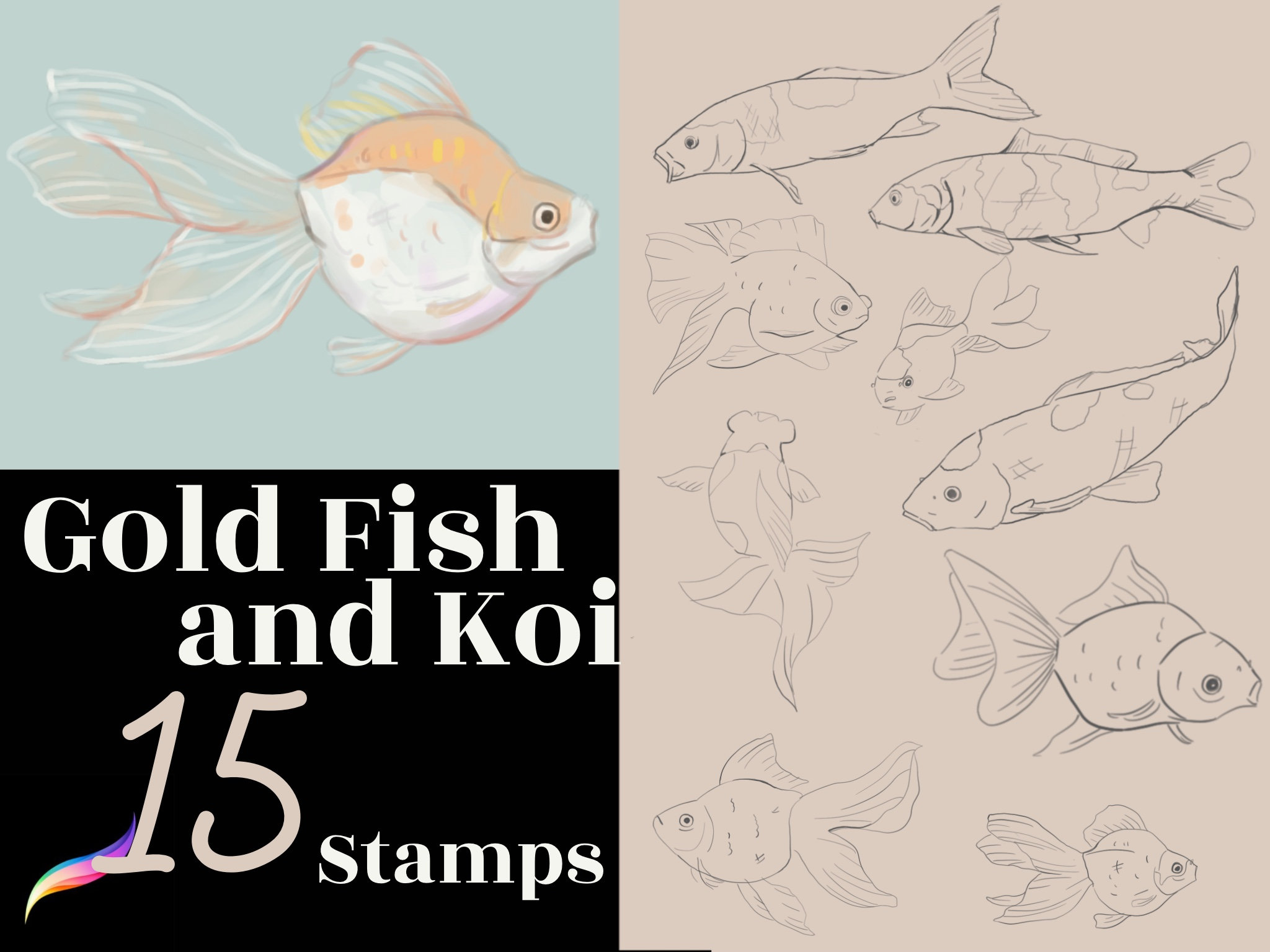 Procreate Goldfish and Koi Stamp Brushes, Procreate Goldfish Stamps ...