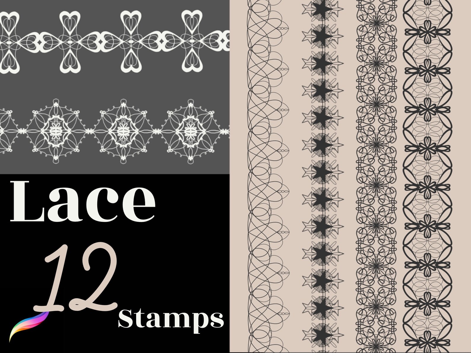 12 Lace Brushes, Lace Stamps, Procreate Brush Bundle 12 Lace Chain ...