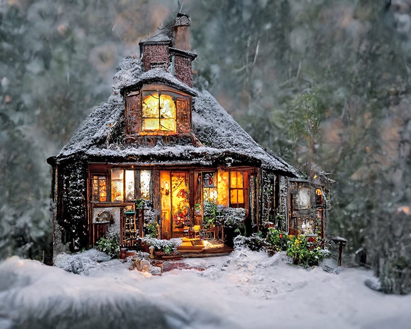 COTTAGE PRINT ART, Winter Cottage Art, World Fantasy Art, Home Decor ...