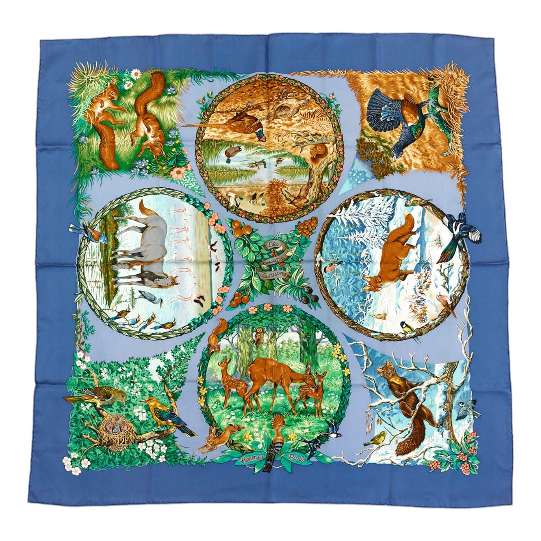 Hermes Silk Scarf Carre 90 "les Quatre Saisons" Blue Silk Scarf - Etsy