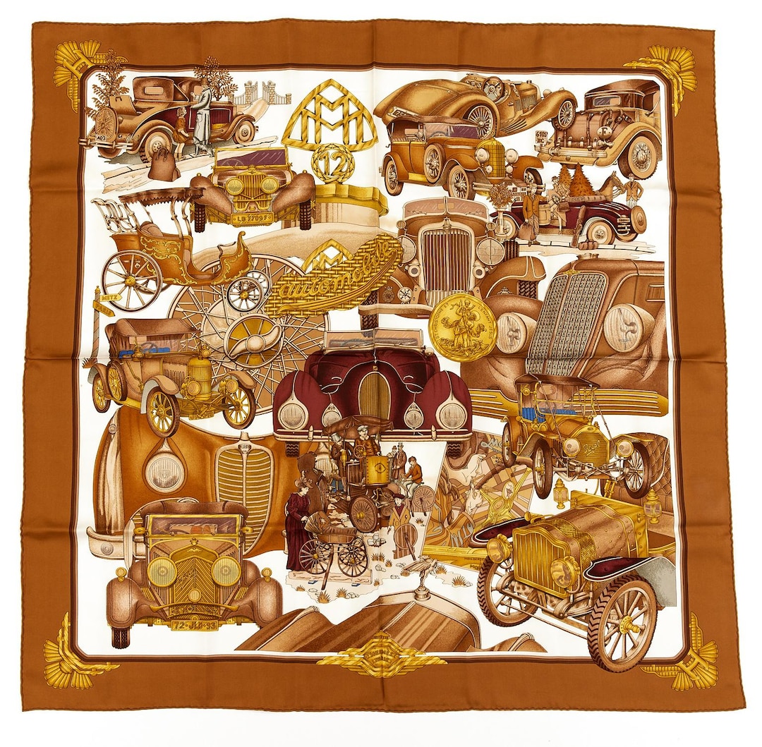Mint! Hermes Silk Scarf Carre 90 "automobile" Brown Silk Scarf - Etsy