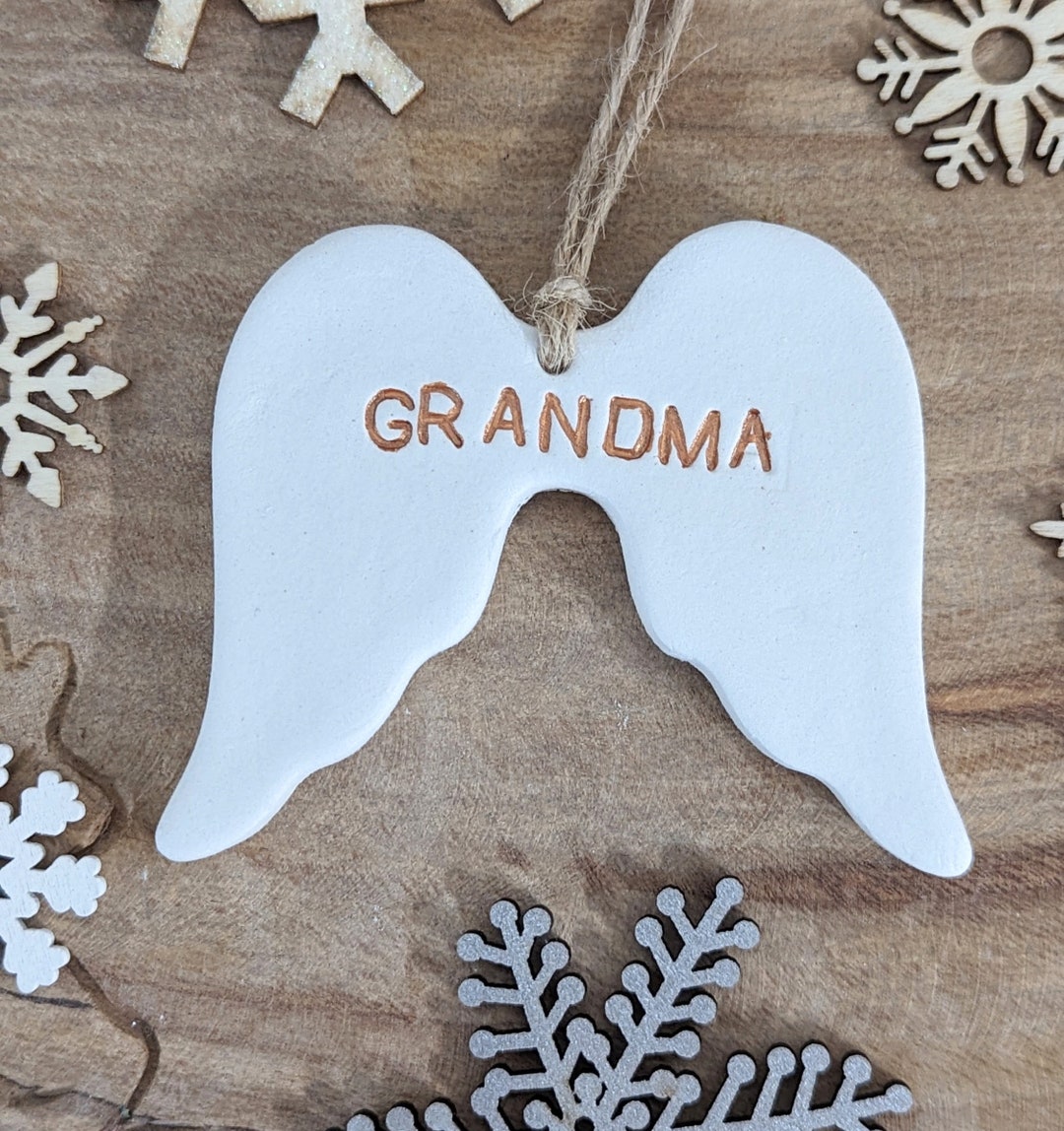 Personalised Clay Angel Wings Tree Decoration, Memorial Tree Ornament ...