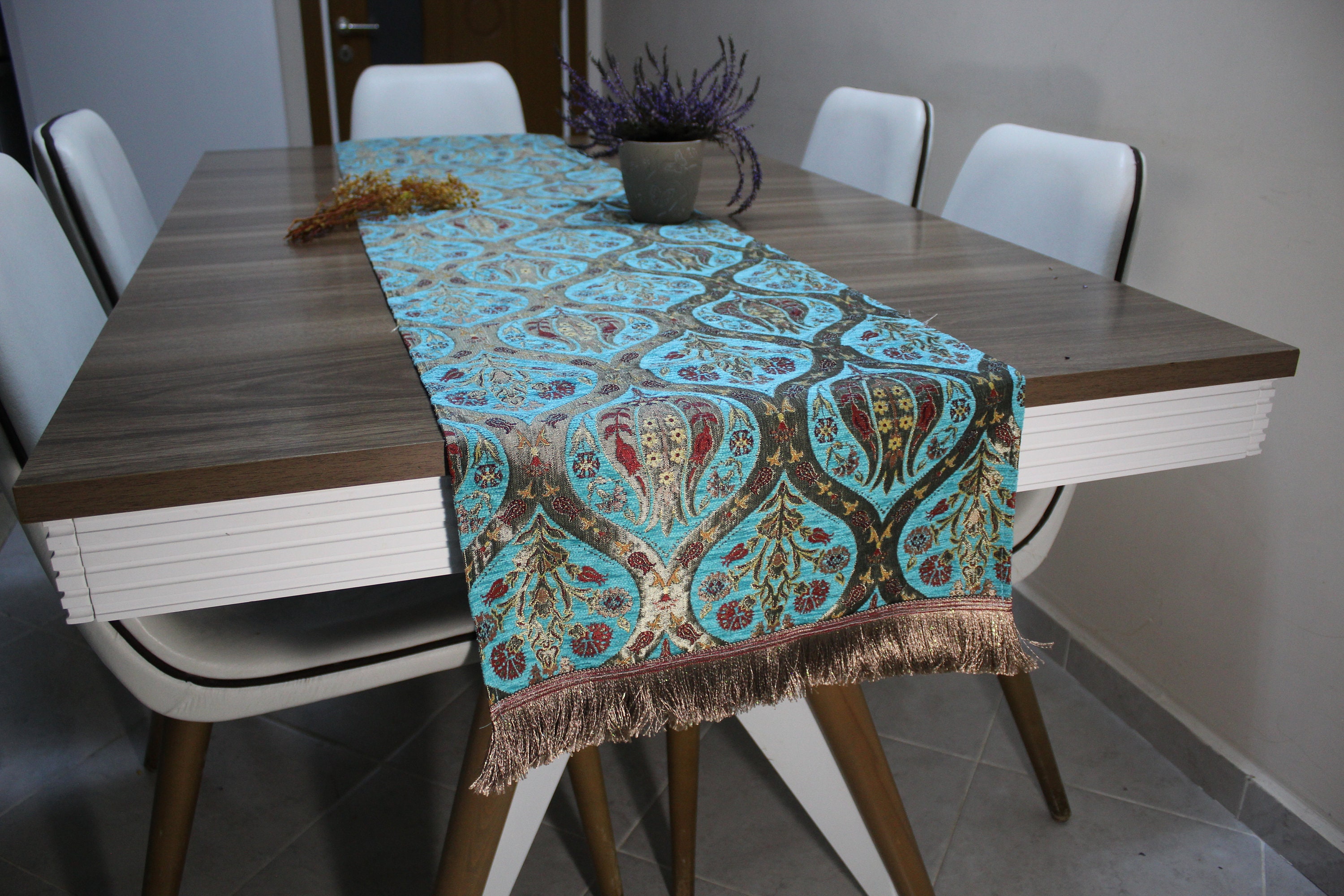 Turquoise Turkish Table Cloth Runner Tulip Design Floral Boho | Etsy