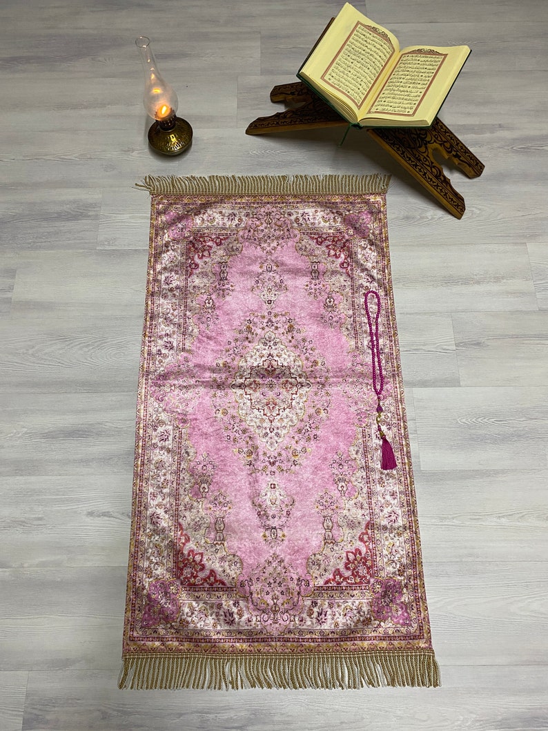 Pink Prayer Mat With Tasbeeh, Prayer Bohemian Rug, Turkish Prayer Rug ...