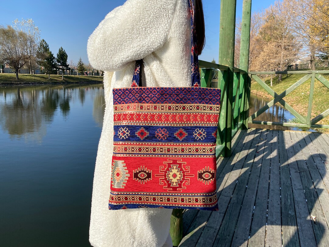 Red Aztec Style Tote Bag, Shopping Bag, Kilim Design Women Shoulder Bag ...