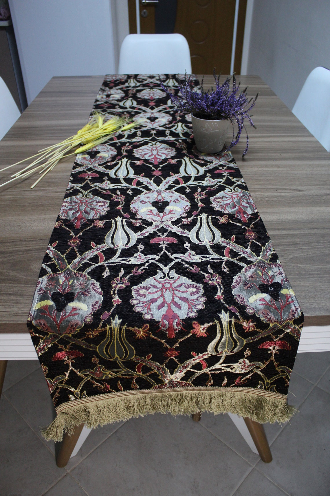 Black Turkish Table Cloth Runner Tulip Design Floral Boho | Etsy