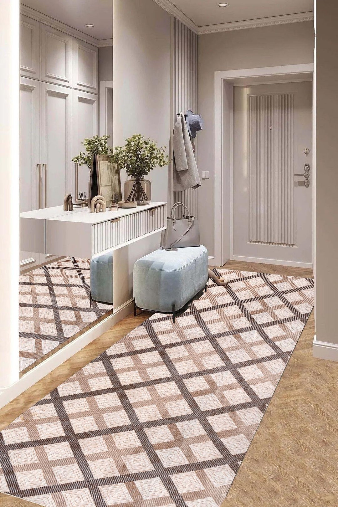 Brown and Beige Diamond Pattern Runner Rug | Non-slip, Custom Sizes ...