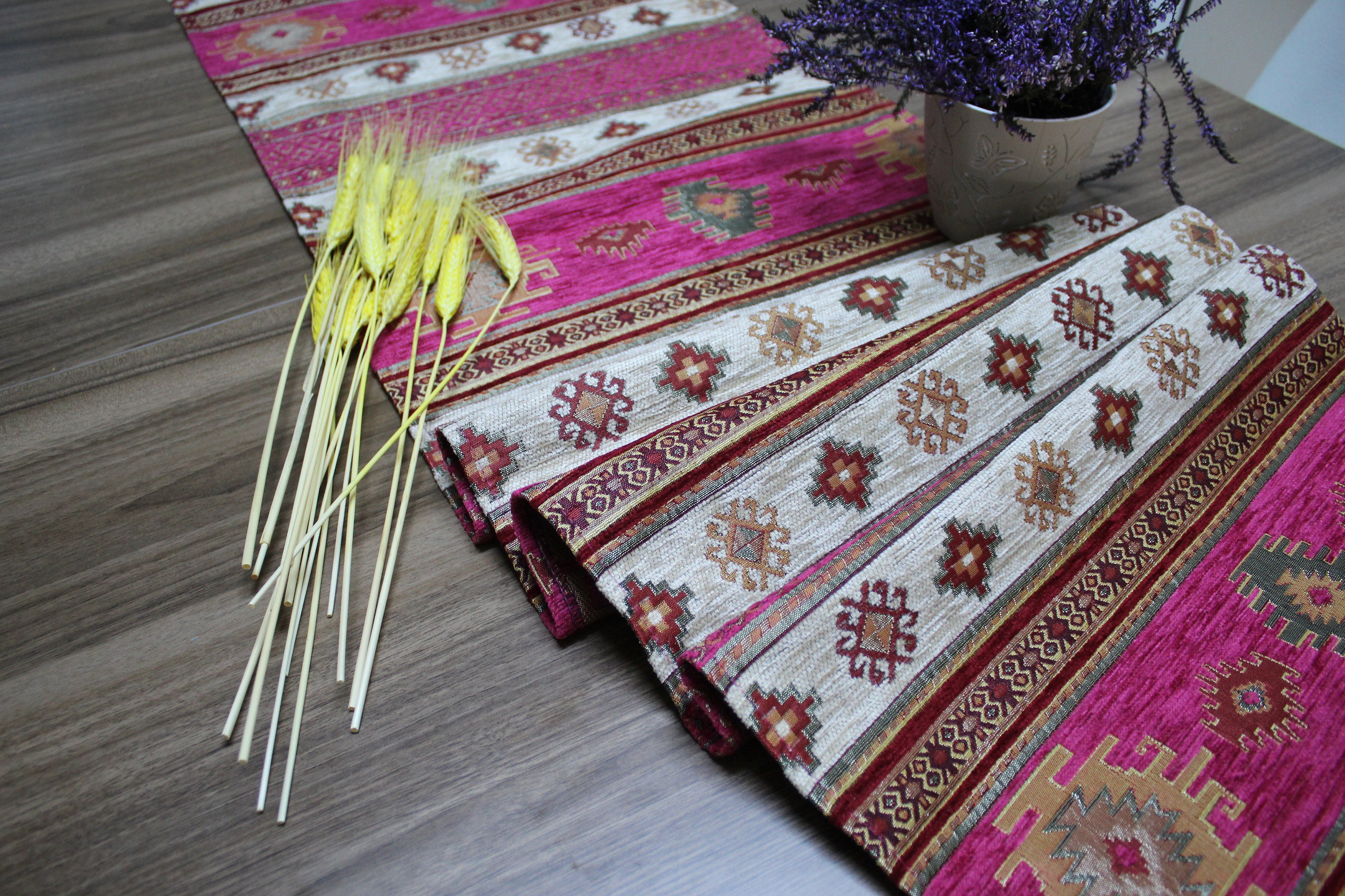 Fuchsia Turkish Table Cloth Runner Kilim Design Aztec Boho - Etsy