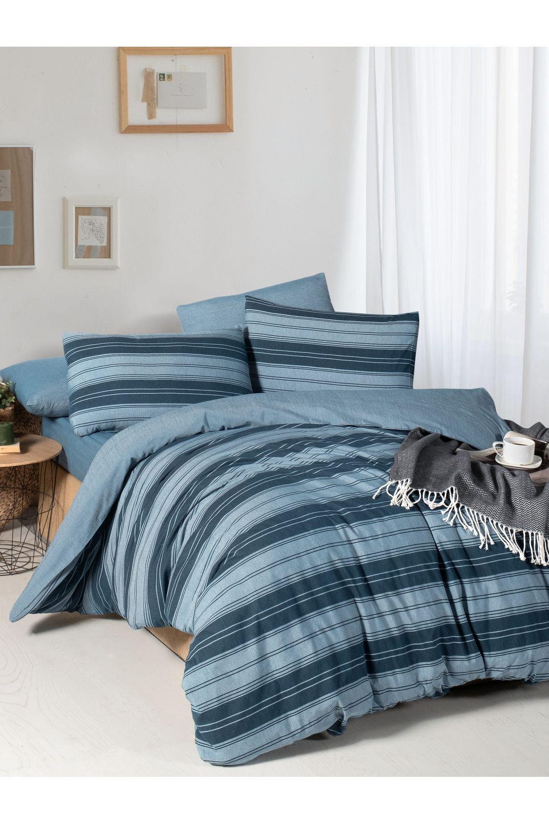 Green Striped Duvet Cover Set With Fitted Sheet and Pillowcases Soft ...