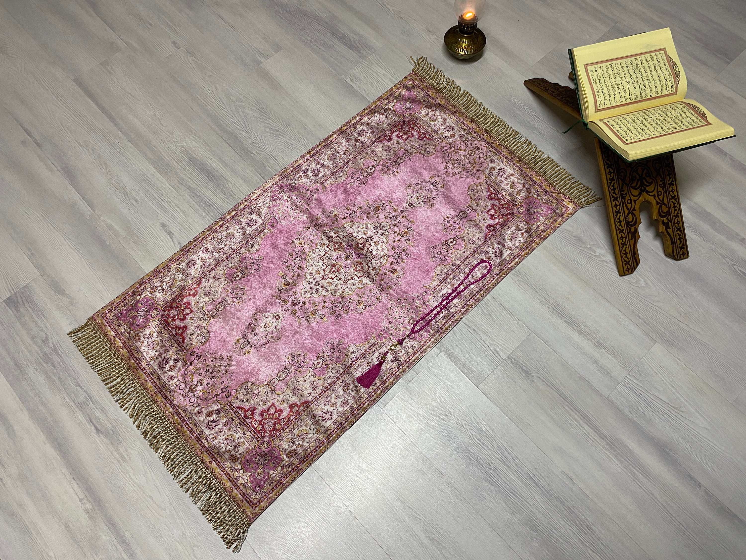 Pink Prayer Mat With Tasbeeh, Prayer Bohemian Rug, Turkish Prayer Rug ...