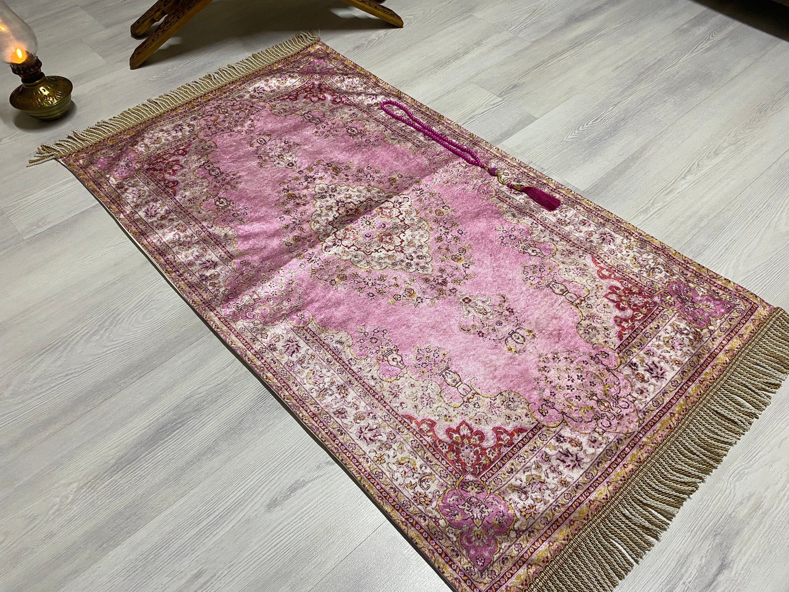 Pink Prayer Mat With Tasbeeh, Prayer Bohemian Rug, Turkish Prayer Rug ...