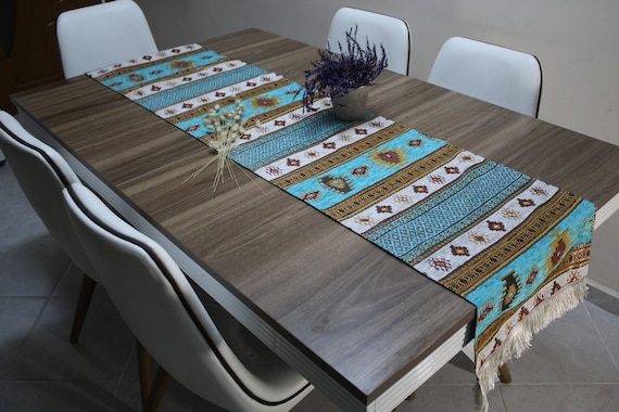 Turquoise Turkish Table Cloth Runner Kilim Design Aztec | Etsy