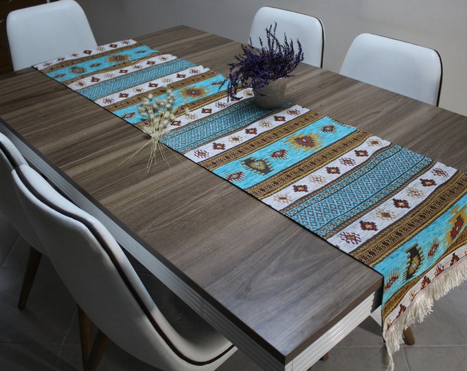 Turquoise Turkish Table Cloth Runner Kilim Design Aztec Boho - Etsy