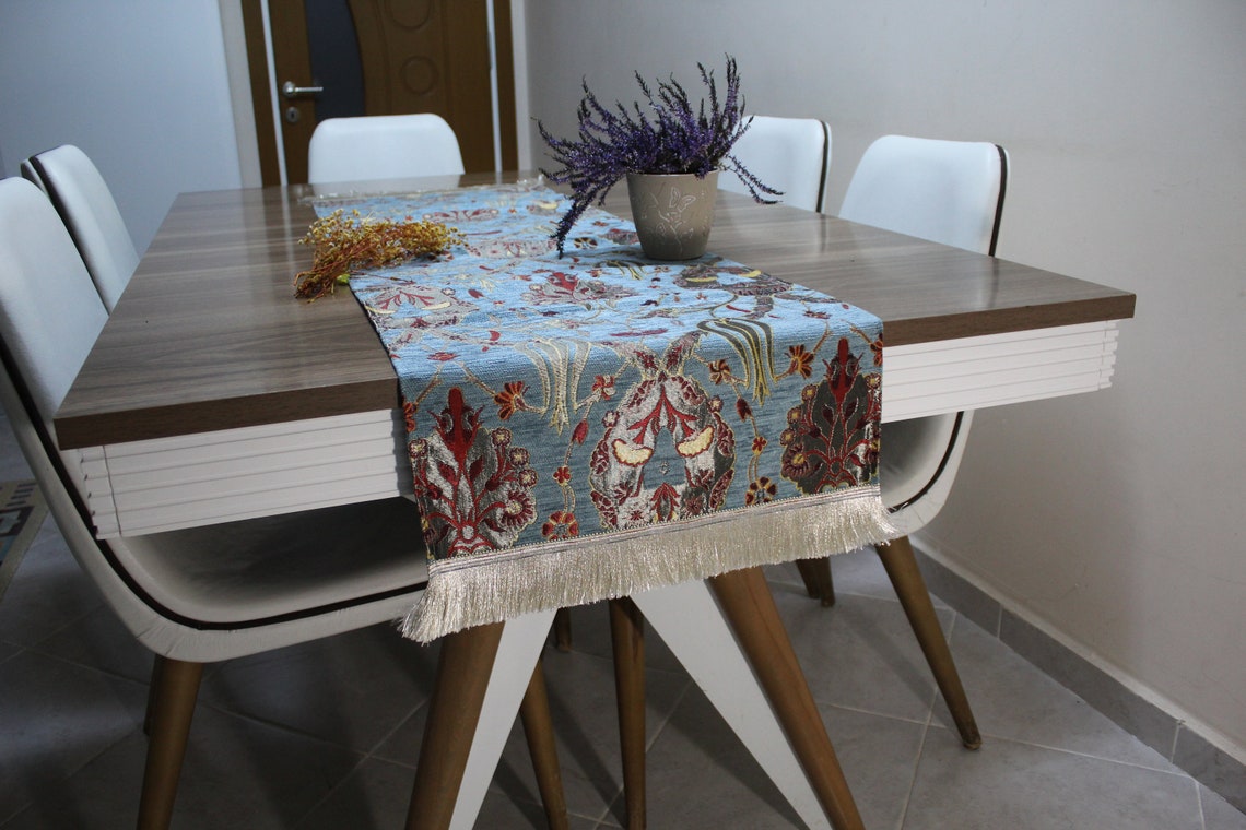 Turquoise Turkish Table Cloth Runner, Tulip Design Floral Boho Table ...