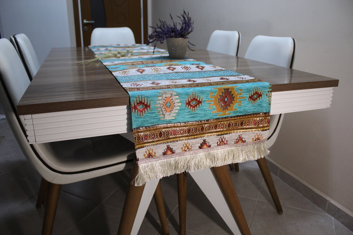 Turquoise Turkish Table Cloth Runner Kilim Design Aztec Boho | Etsy