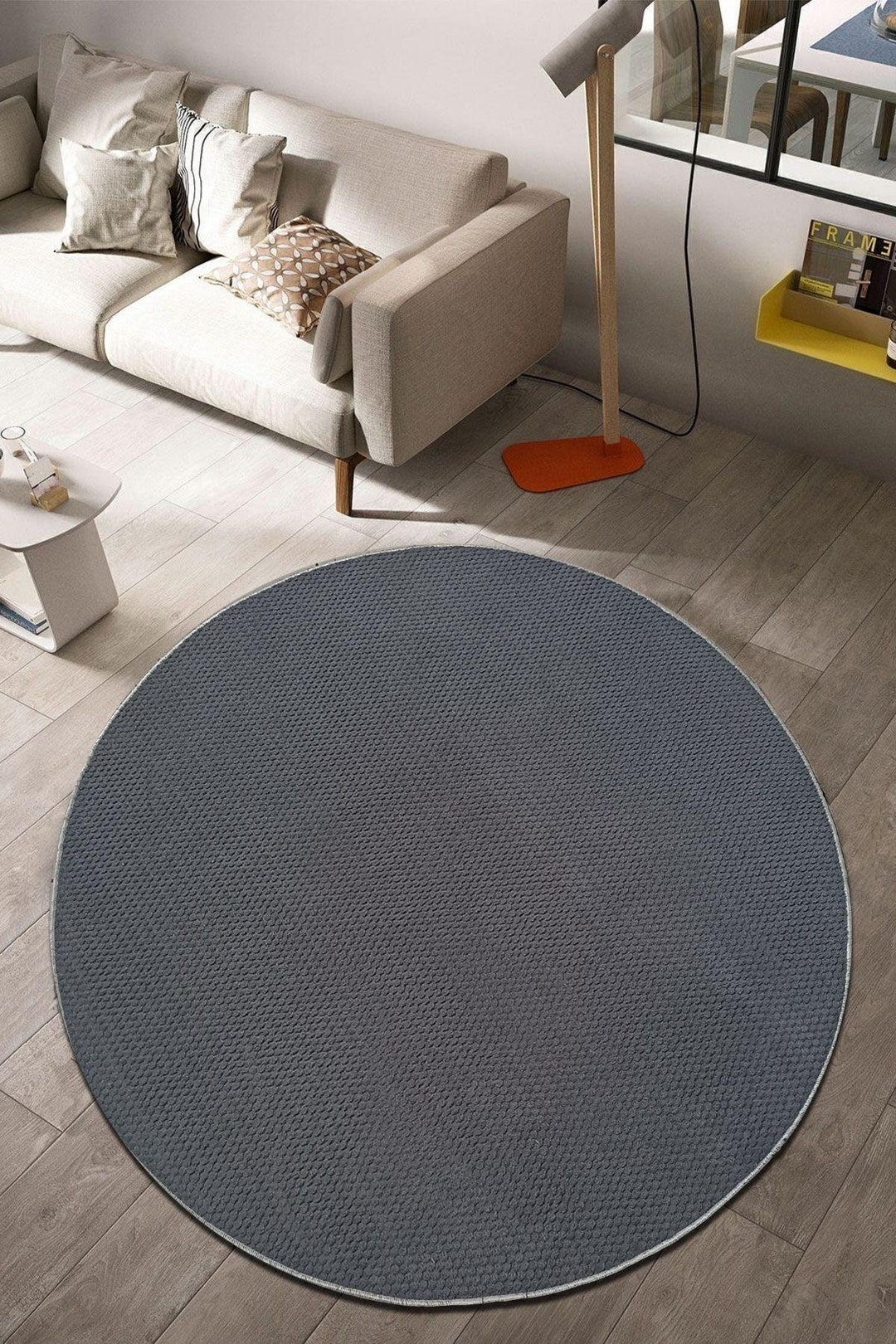 Custom Size Gray Round Rug With Textured Surface, Non-slip & Machine ...