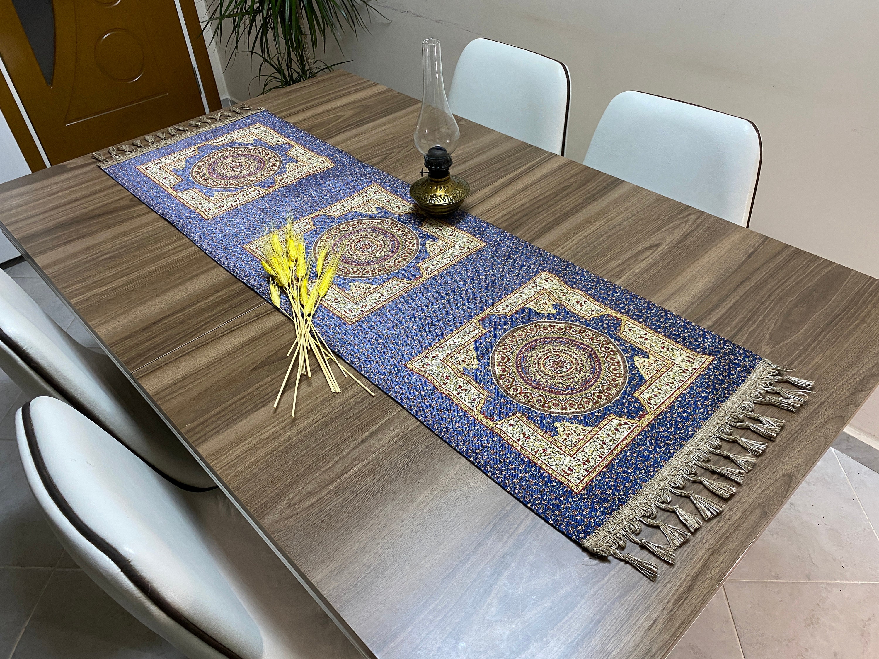 Dark Blue Ceramic Pattern Turkish Coffee Table Cloth Runner | Etsy