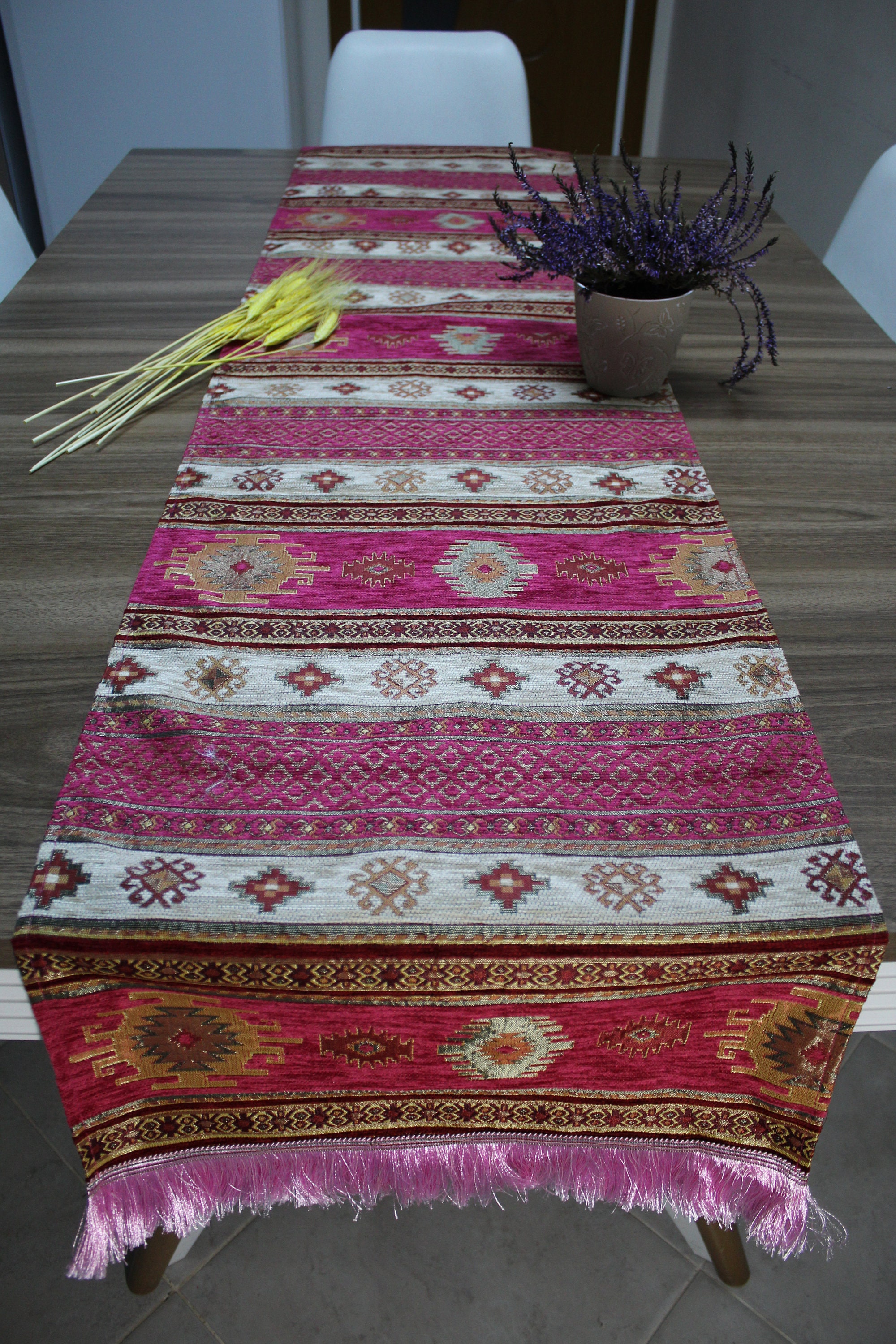 Fuchsia Turkish Table Cloth Runner Kilim Design Aztec Boho - Etsy