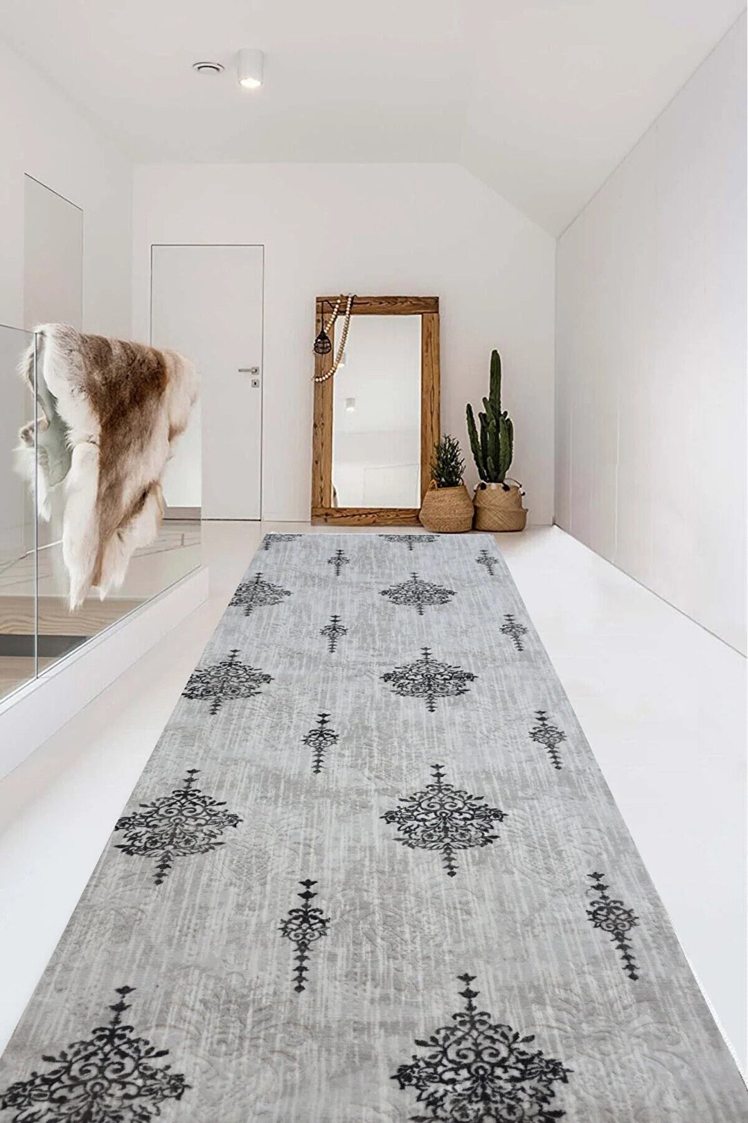 Custom Size Runner Rug: Geometric Anthracite Farmhouse Style Washable ...