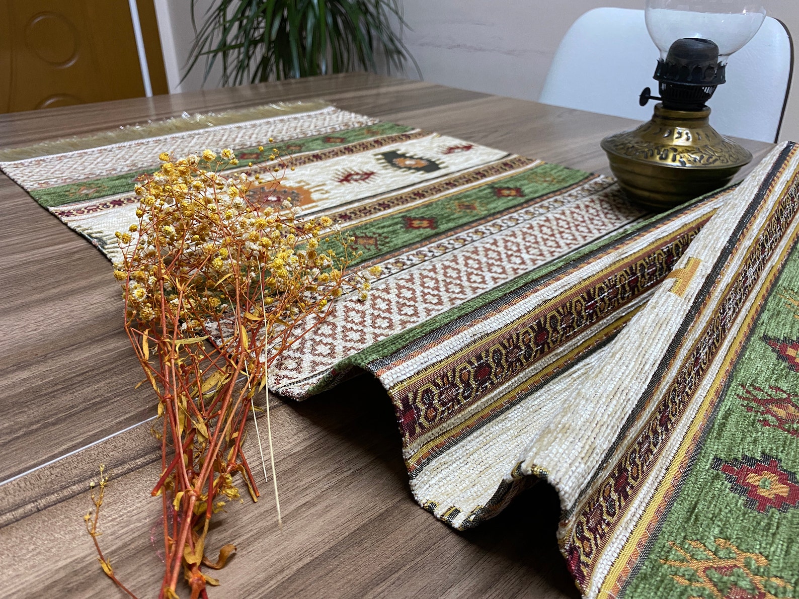 Green Kilim Pattern Turkish Coffee Table Cloth Runner Cream - Etsy