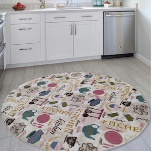 KITCHEN ROUND RUG, Circle Kitchen Area Rug, Brown Farmhouse Rug, Beige ...