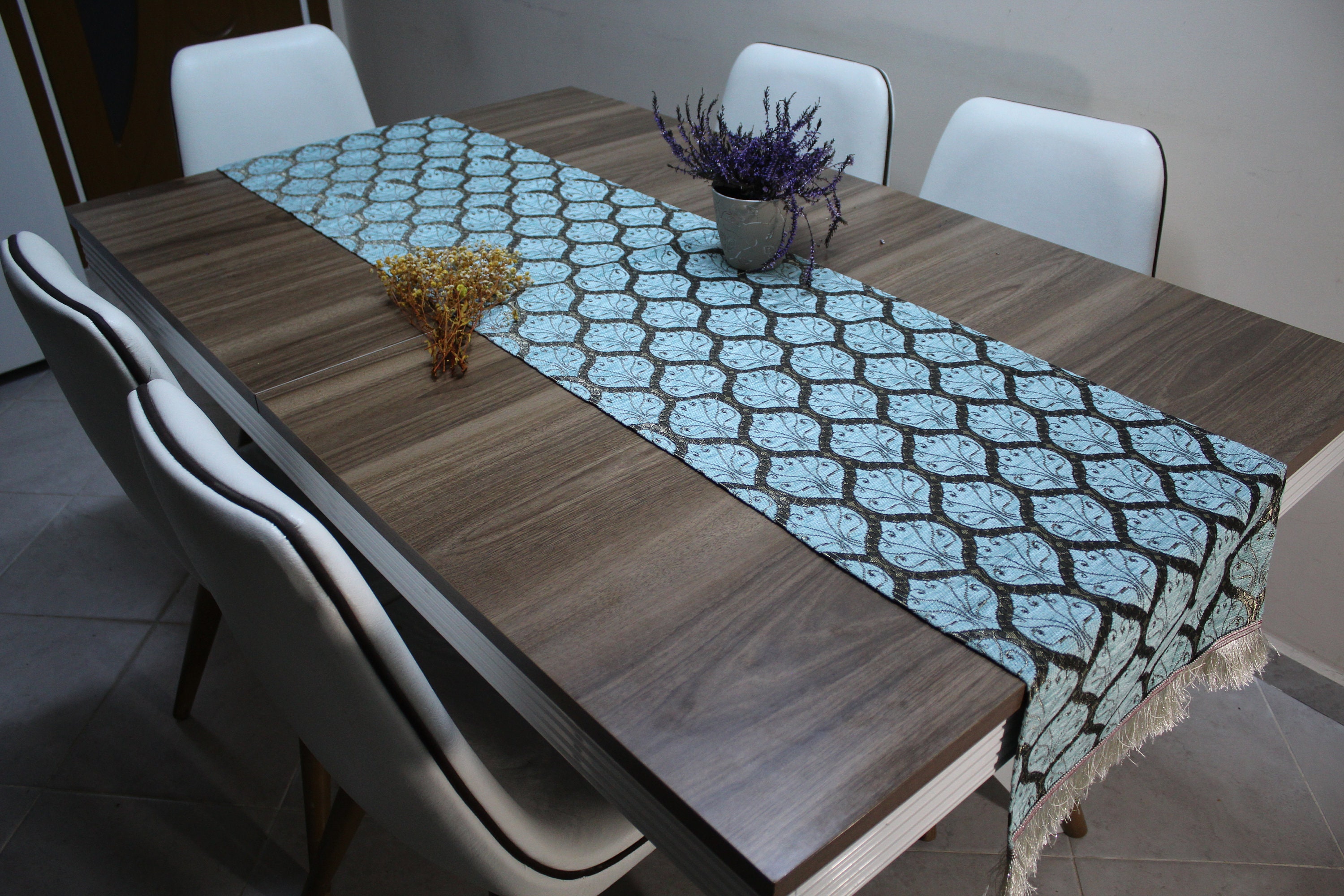 Turquoise Turkish Table Cloth Runner Peacock Tail Design | Etsy