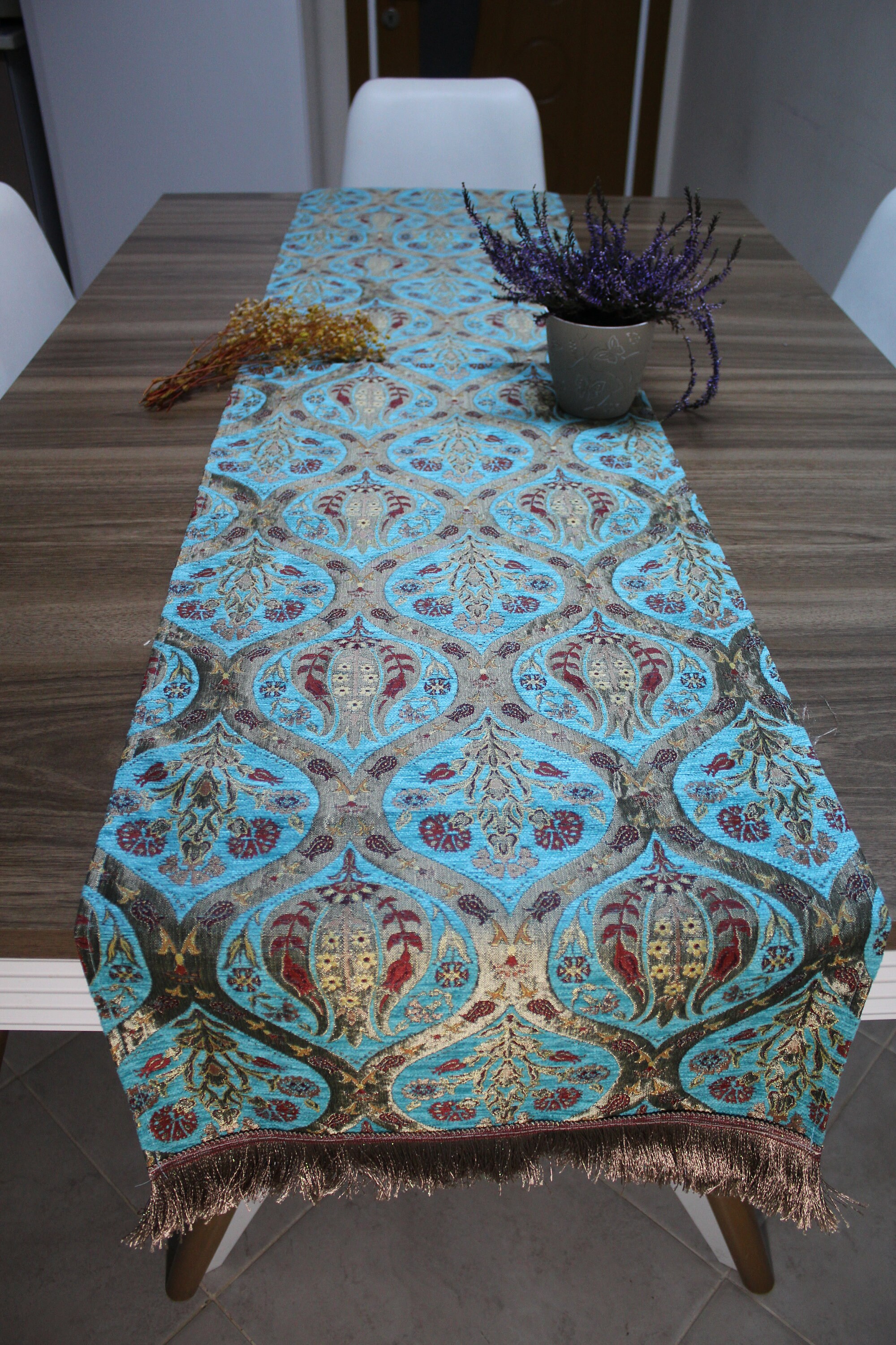 Turquoise Turkish Table Cloth Runner Tulip Design Floral Boho | Etsy