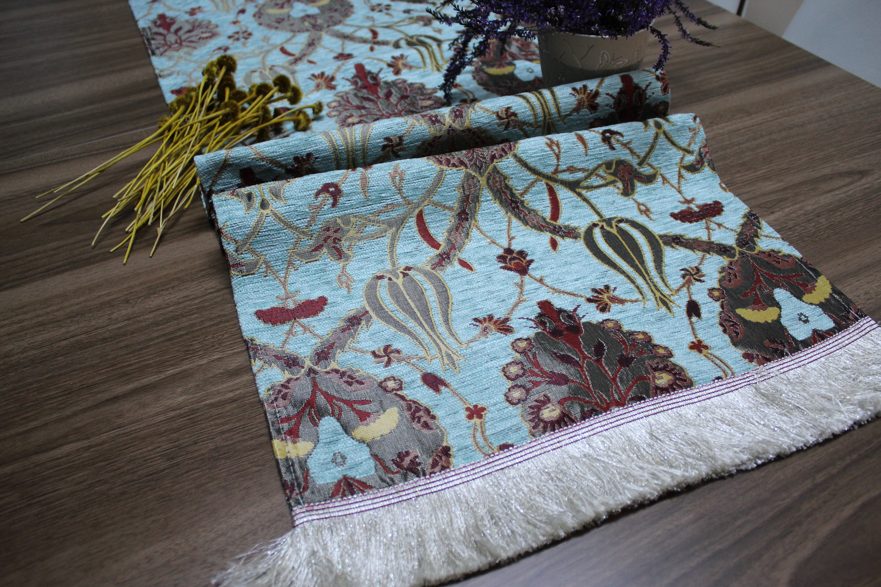 Turquoise Turkish Table Cloth Runner, Tulip Design Floral Boho Table ...