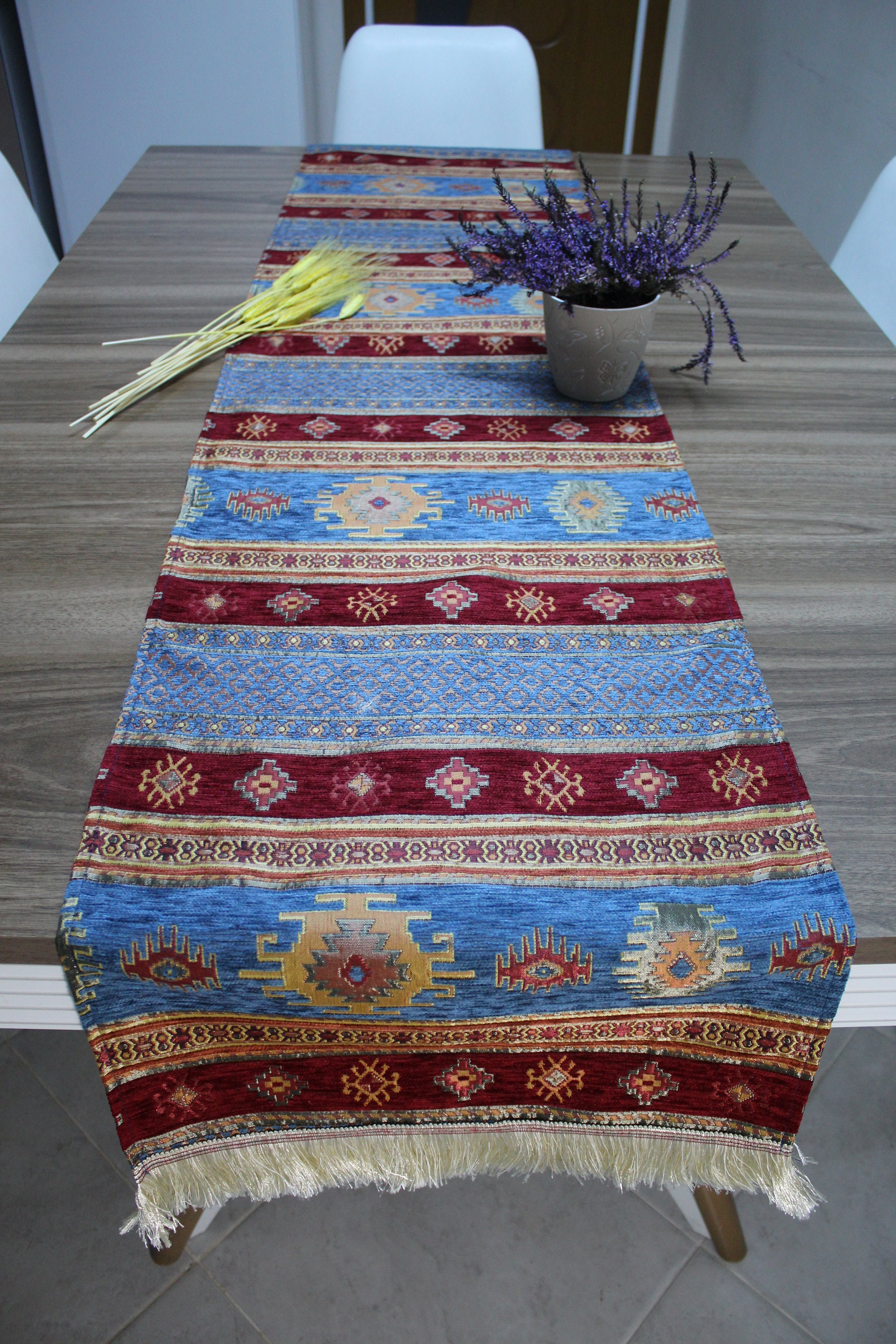 Blue Turkish Table Cloth Runner, Kilim Design Aztec Boho Table Runner ...