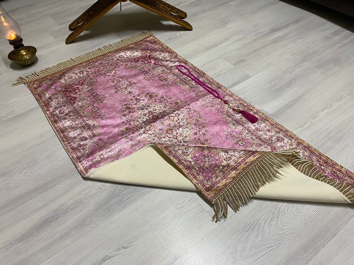 Pink Prayer Mat With Tasbeeh, Prayer Bohemian Rug, Turkish Prayer Rug ...