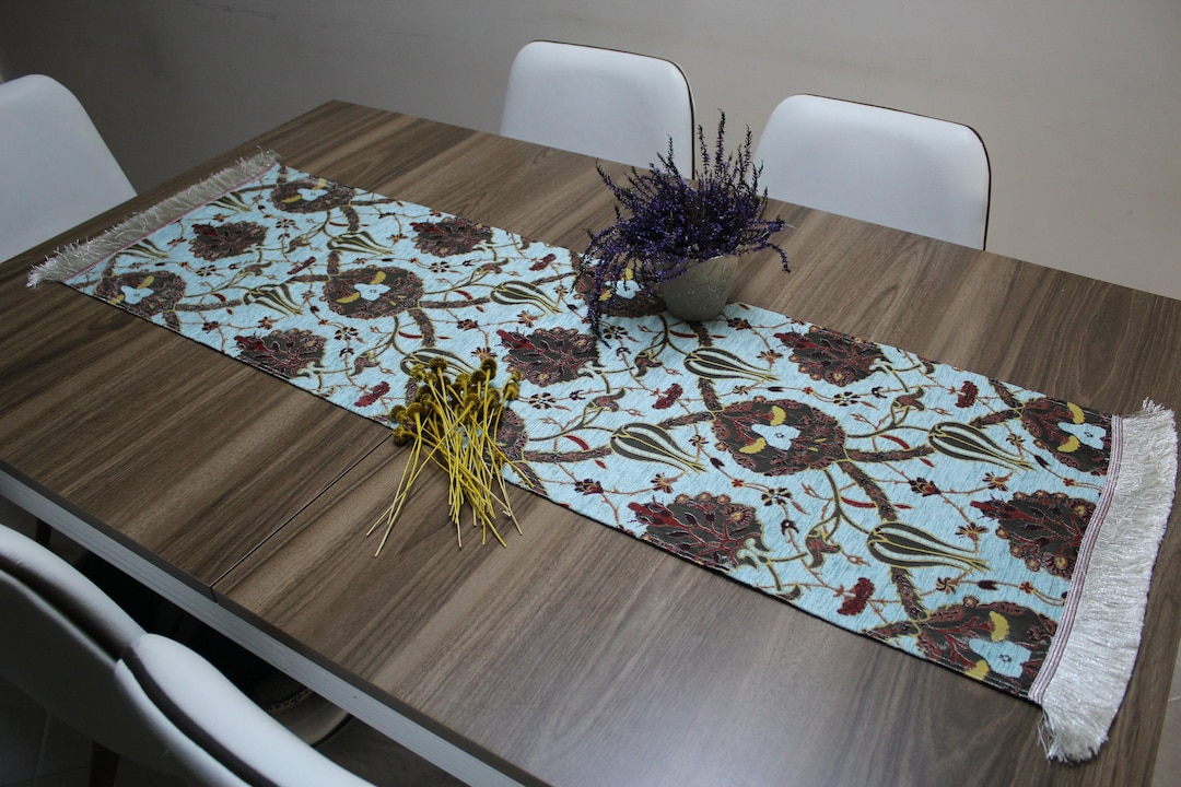 Turquoise Turkish Table Cloth Runner, Tulip Design Floral Boho Table ...