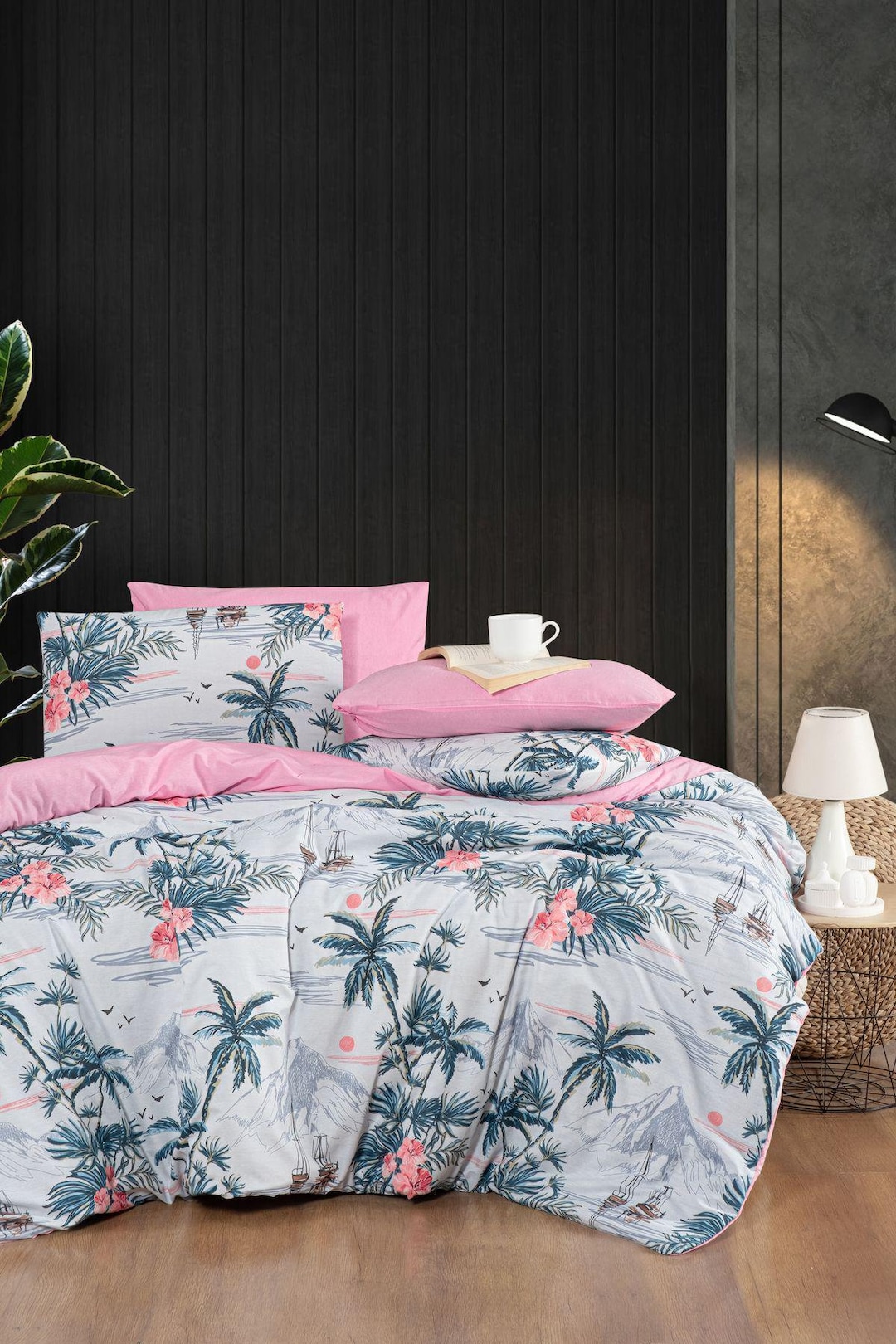Palm Tree and Flower Duvet Cover Set With Fitted Sheet & Pillowcases ...