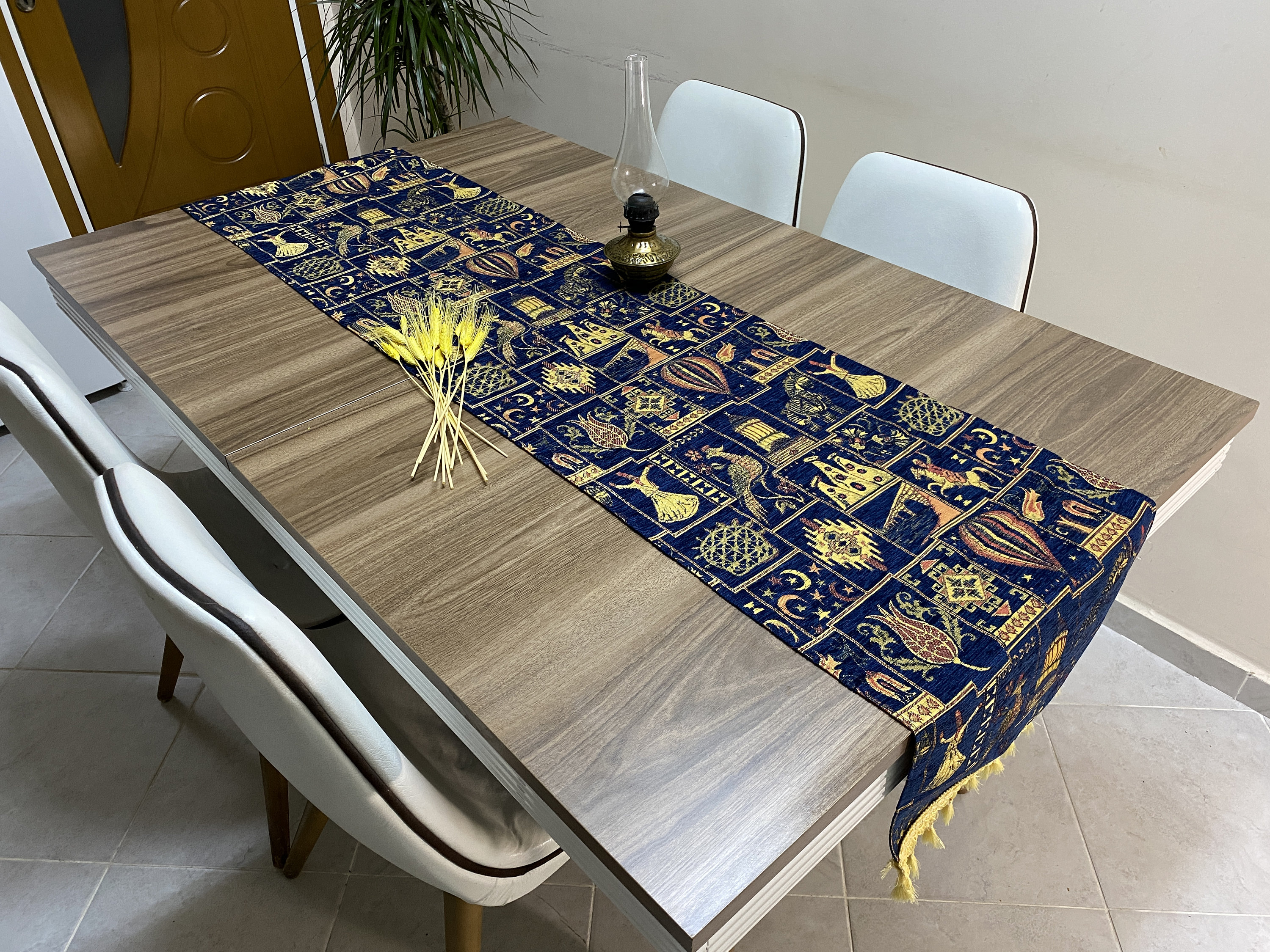 Dark Blue Tulip Pattern Turkish Table Runner, Long Boho Wedding Table ...