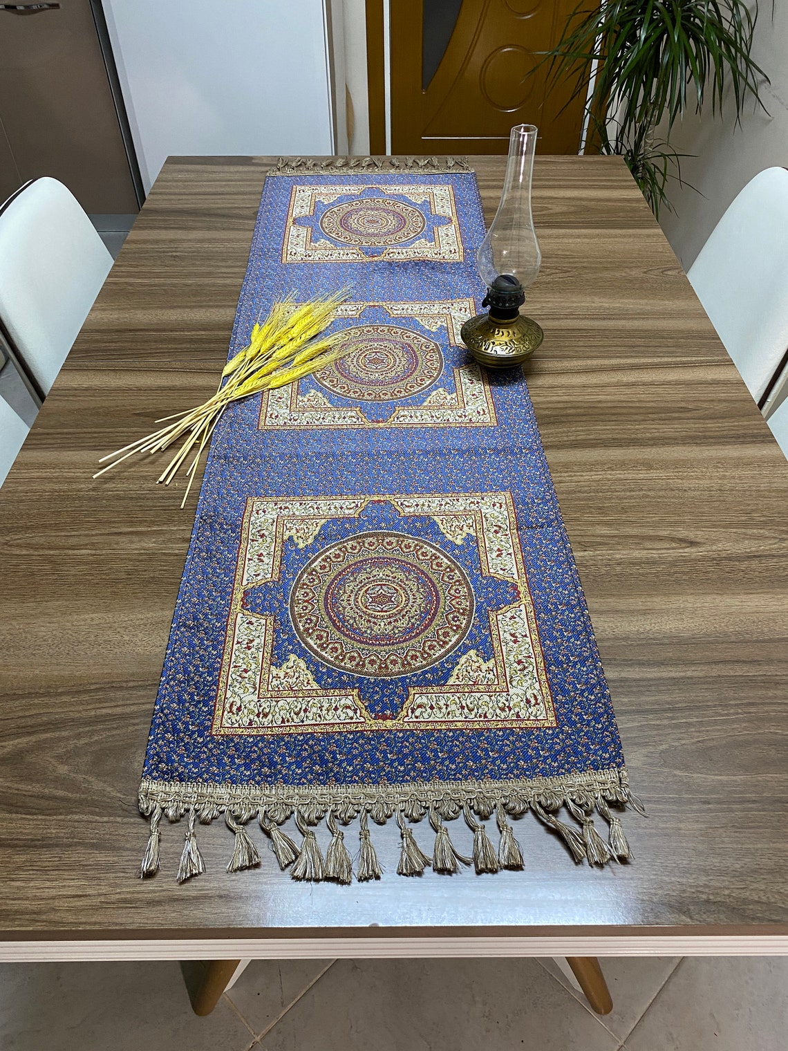 Dark Blue Ceramic Pattern Turkish Coffee Table Cloth Runner | Etsy