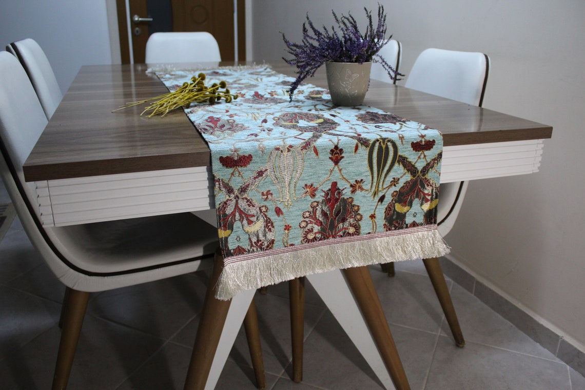 Turquoise Turkish Table Cloth Runner Tulip Design Floral Boho - Etsy
