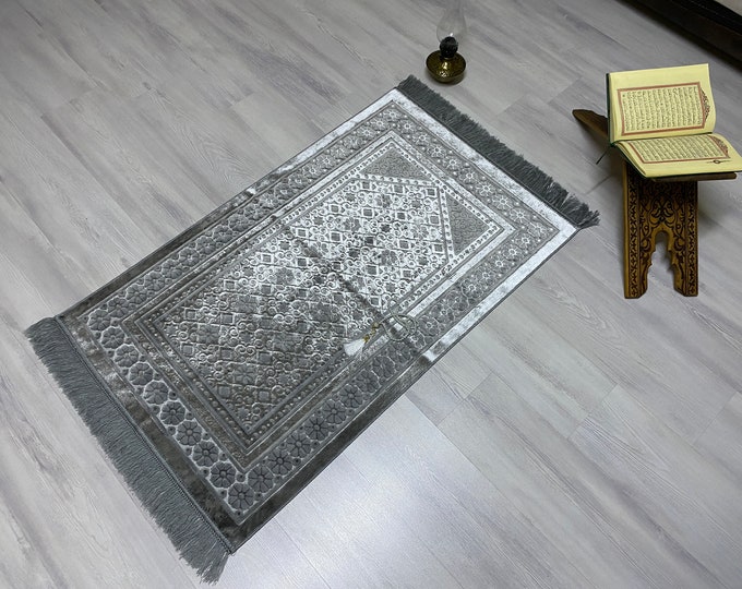 Soft Thick Gray Prayer Mat, Sejadah Prayer Mat With Tasbeeh,muslim ...