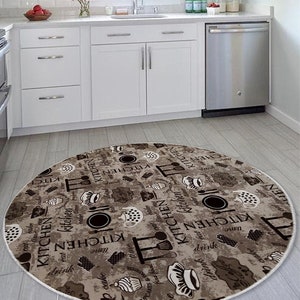 KITCHEN ROUND RUG, Circle Kitchen Area Rug, Brown Farmhouse Rug, Beige ...