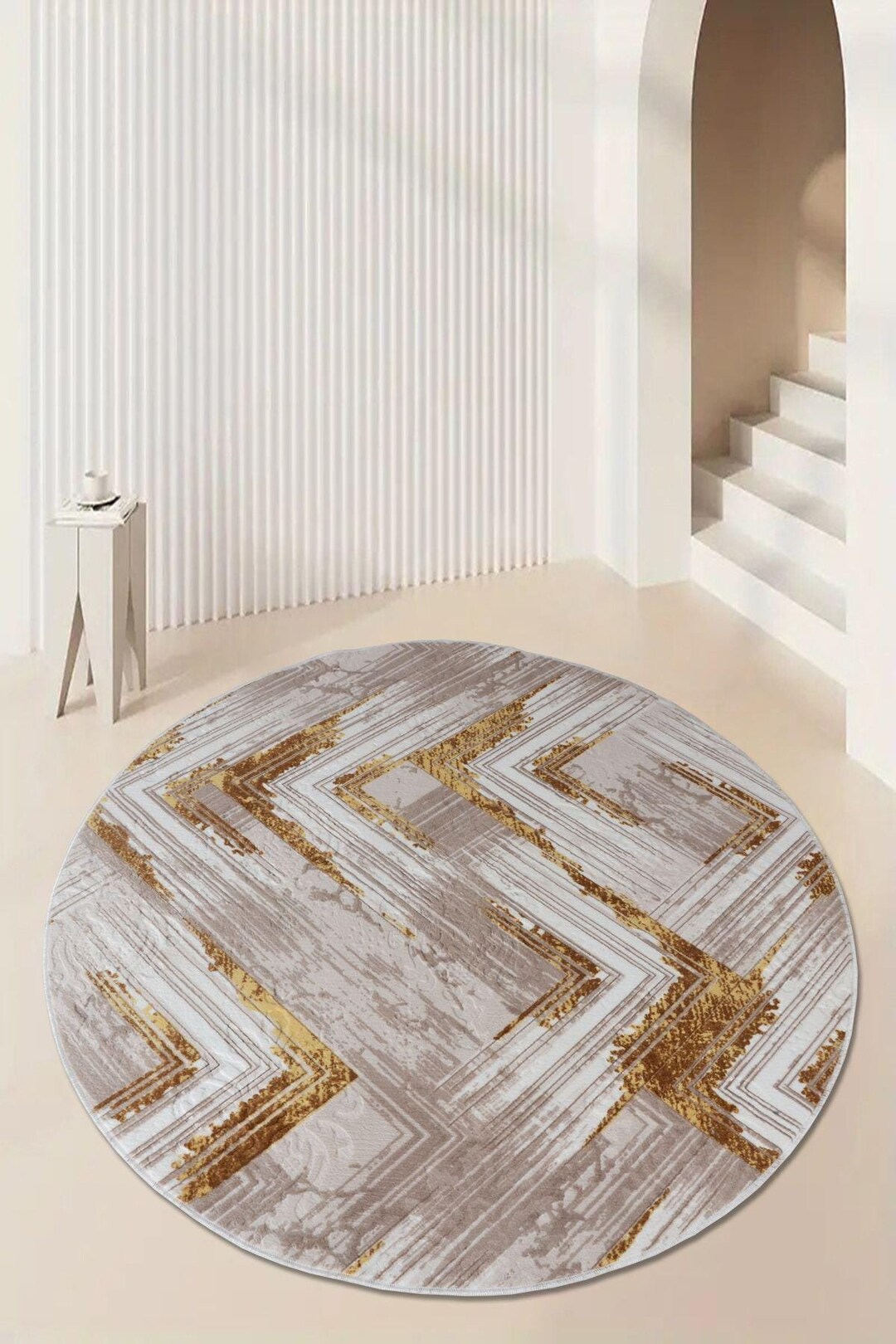 Custom Size Beige and Gold Abstract Geometric Round Rug, Non-slip and ...