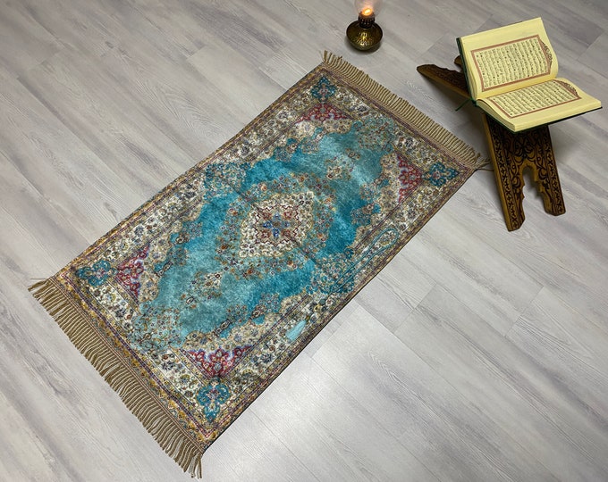 Soft Turquoise Prayer Mat With Tasbeeh, Prayer Bohemian Rug, Turkish ...
