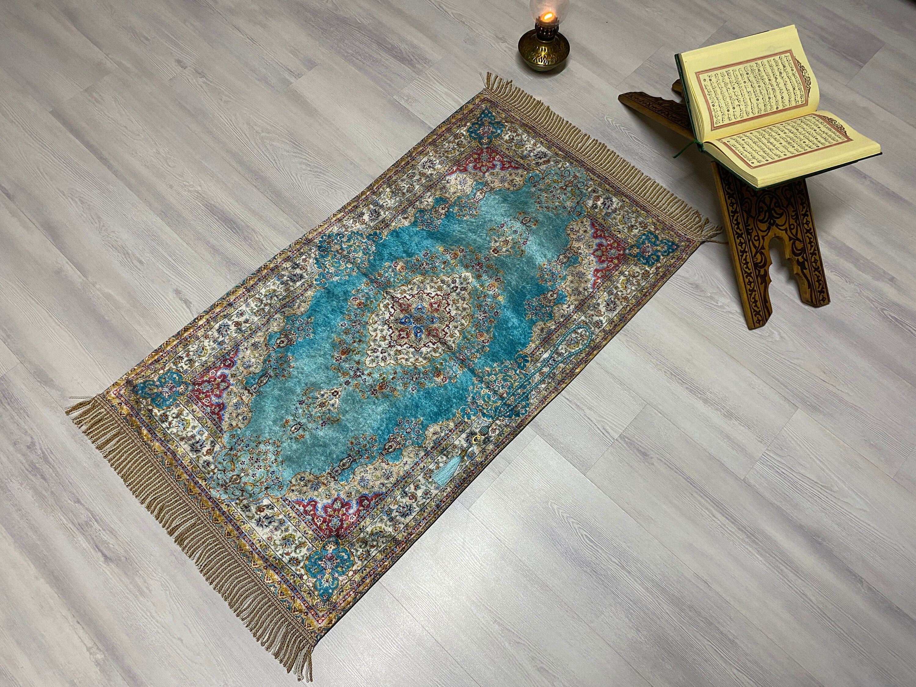 Soft Turquoise Prayer Mat With Tasbeeh, Prayer Bohemian Rug, Turkish ...