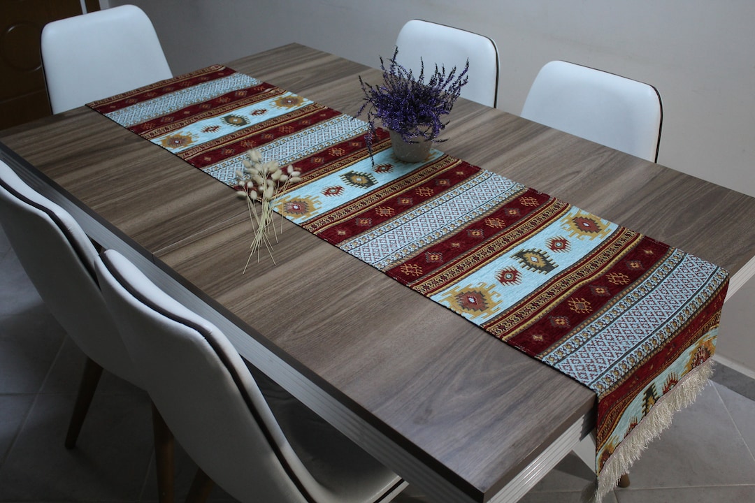 Turquoise Turkish Table Cloth Runner, Kilim Design Aztec Boho Table ...