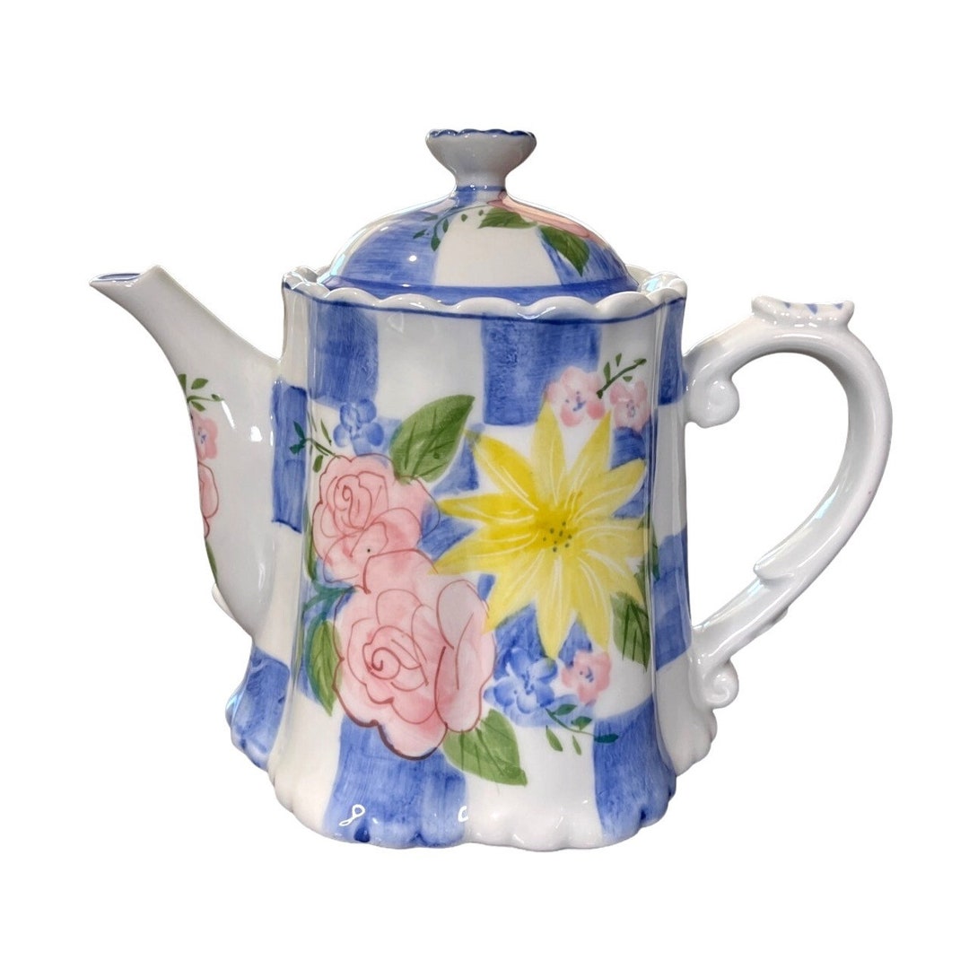 Andrea Sadek Teapot Blue Check Floral Sold by Schneider's Jewelers - Etsy