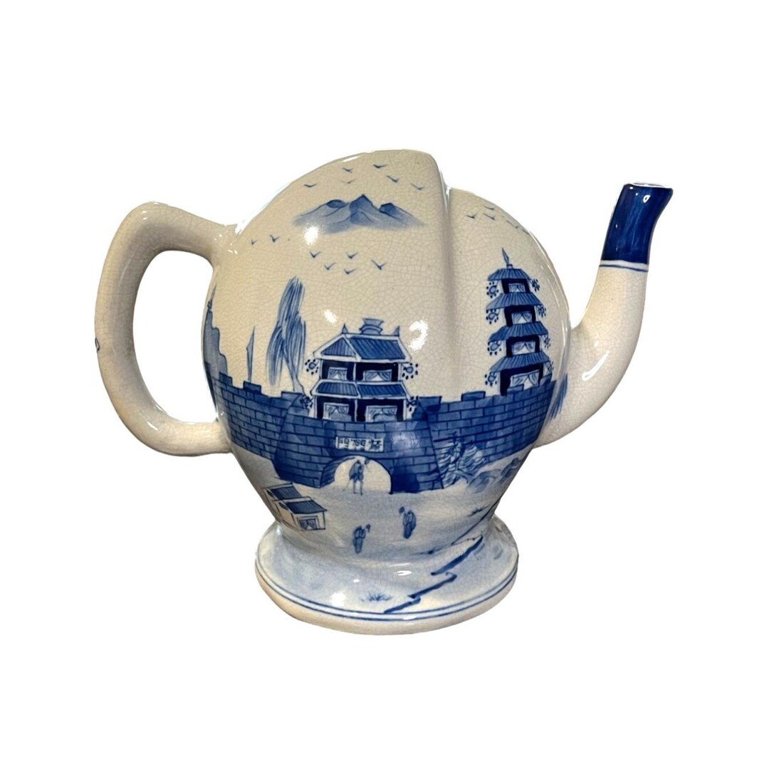 Cadogan Peach Form Mystery Teapot Blue White Chinese Porcelain Pagoda ...