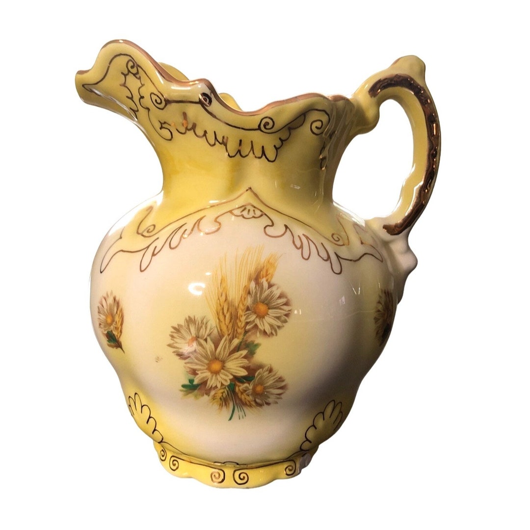 Nickerson Farms Pitcher Vintage Yellow Gold Trim Floral - Etsy