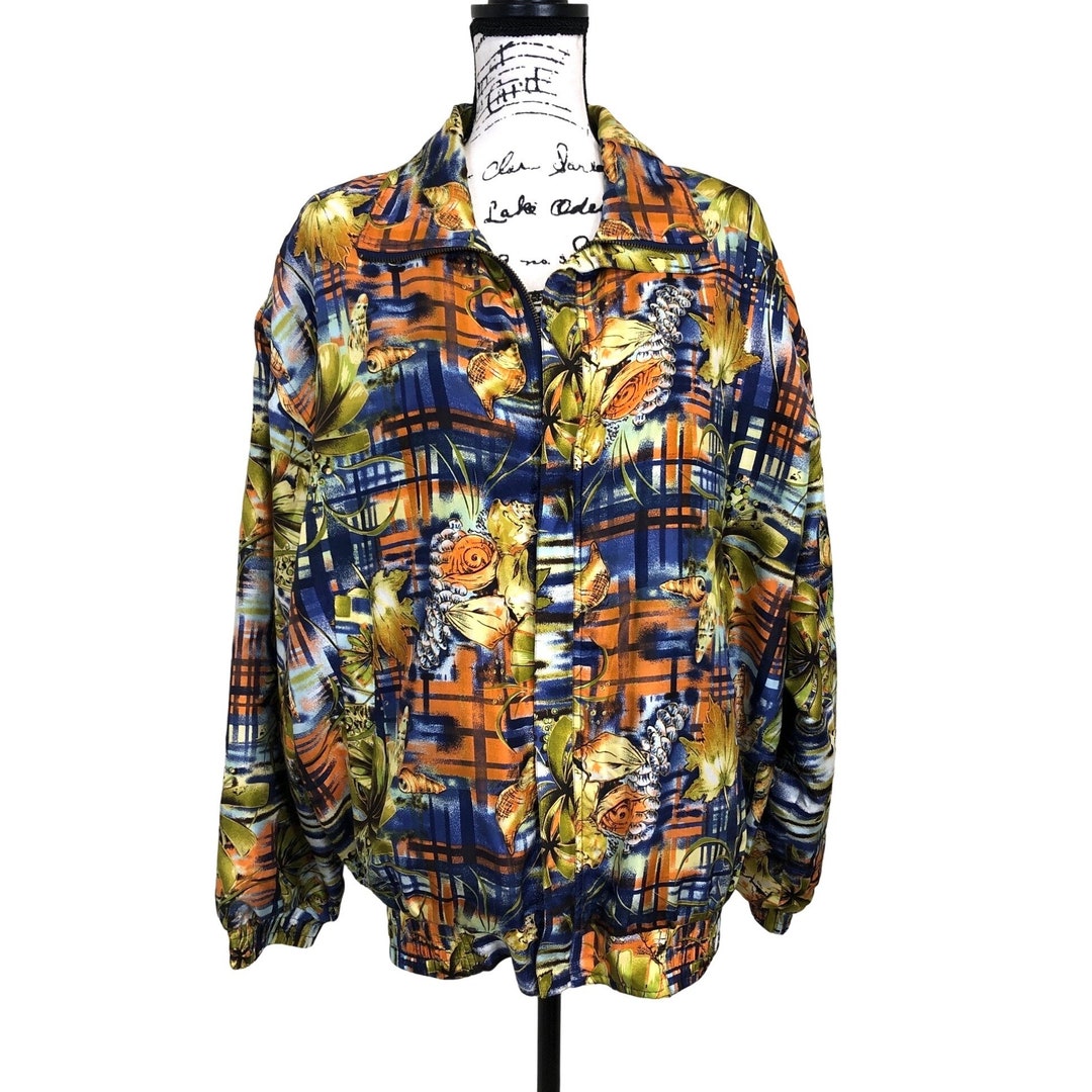 Vintage Fuda International Silk Jacket Bomber Seashell Motif Tropical ...